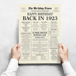 Back in 1923 UK 100th Birthday Gift, 1923 Newspaper Sign, BRITISH 1923 ...