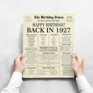 1927 Poster, 97th Birthday Newspaper Sign, 1927 Birthday Poster INSTANT ...