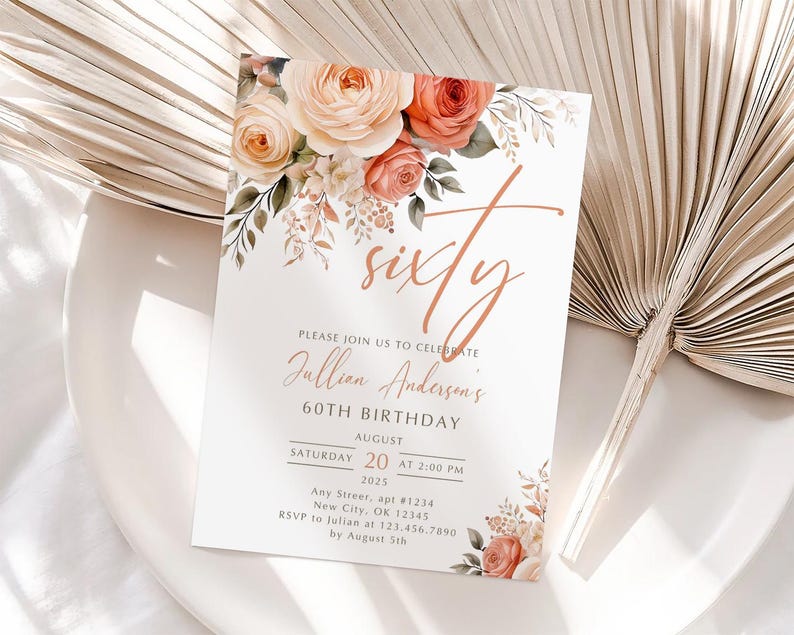 60th Birthday Invitation: Floral Canva Template (digital File) - Etsy