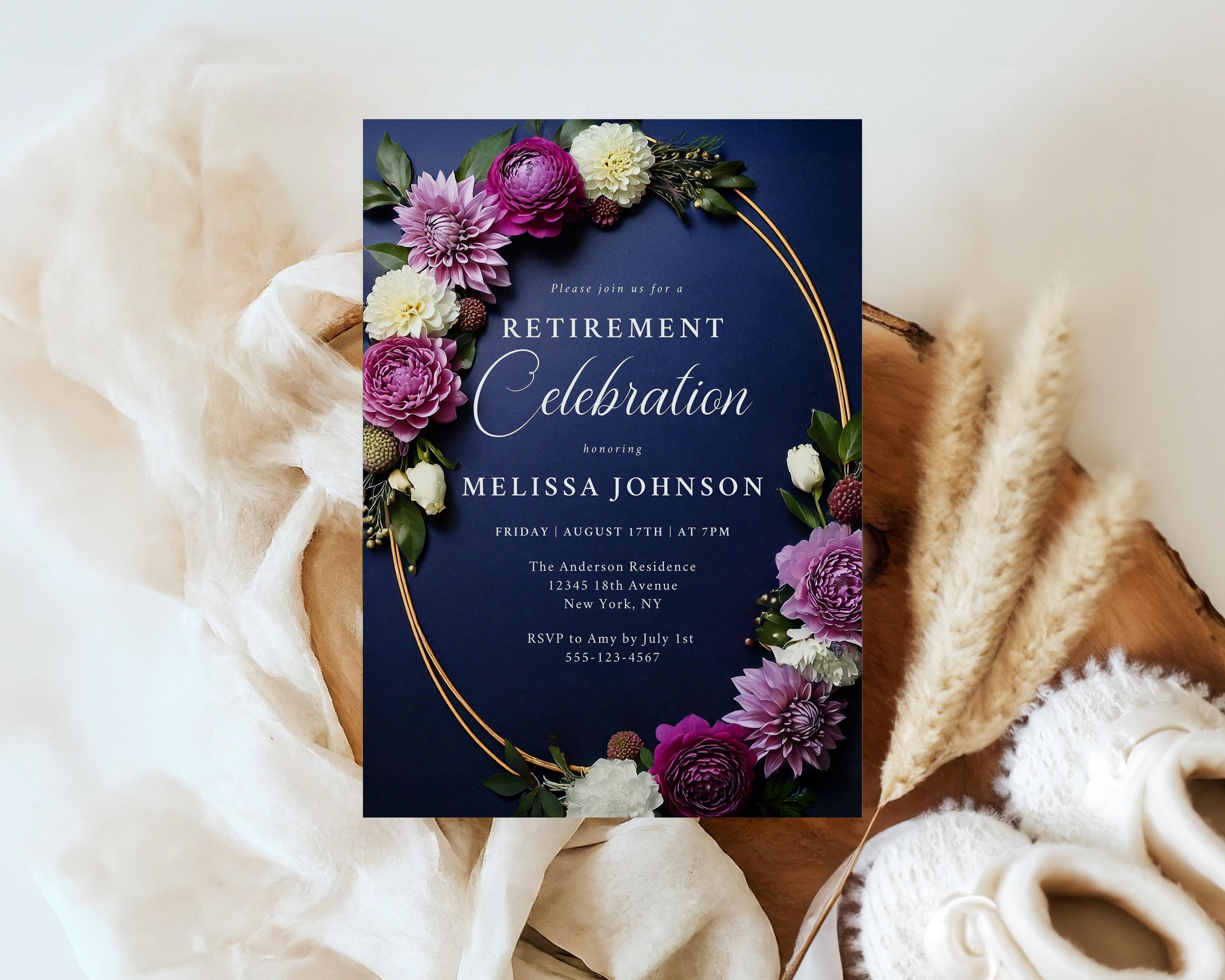 Floral Retirement Invitation Template: Navy, Gold, and Purple (digital ...