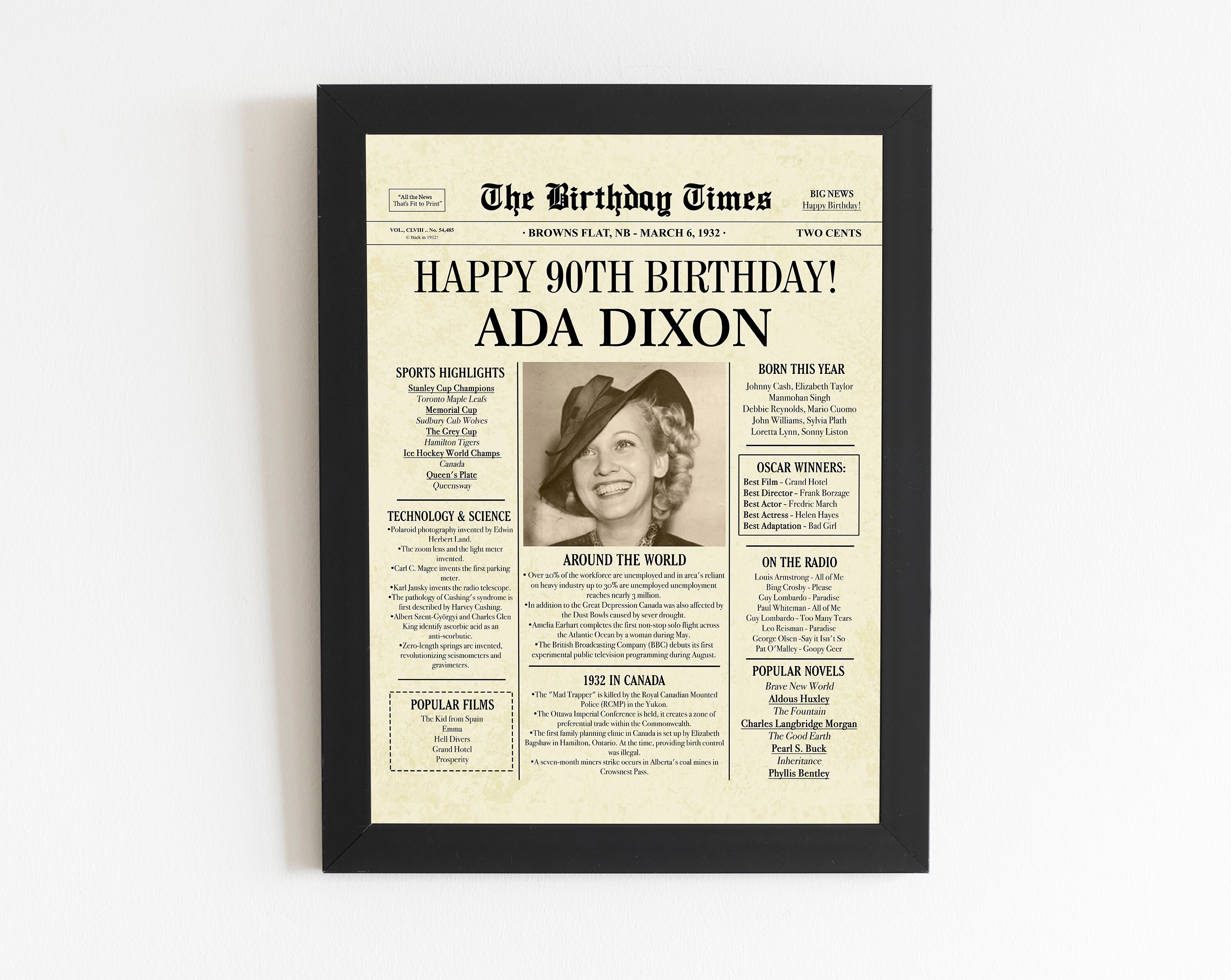 90th Birthday Newspaper Poster Personalized Birthday Sign - Etsy Canada