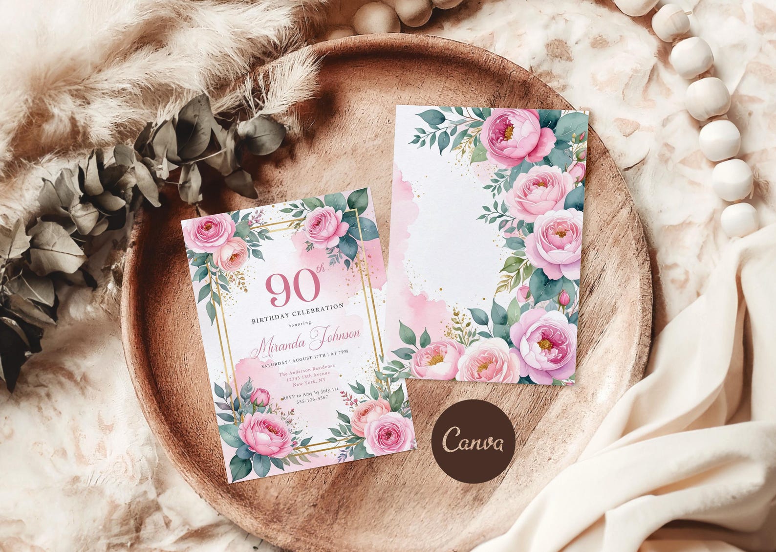 90th Birthday Invitation: Pastel Floral, Elegant Gold (canva Template ...