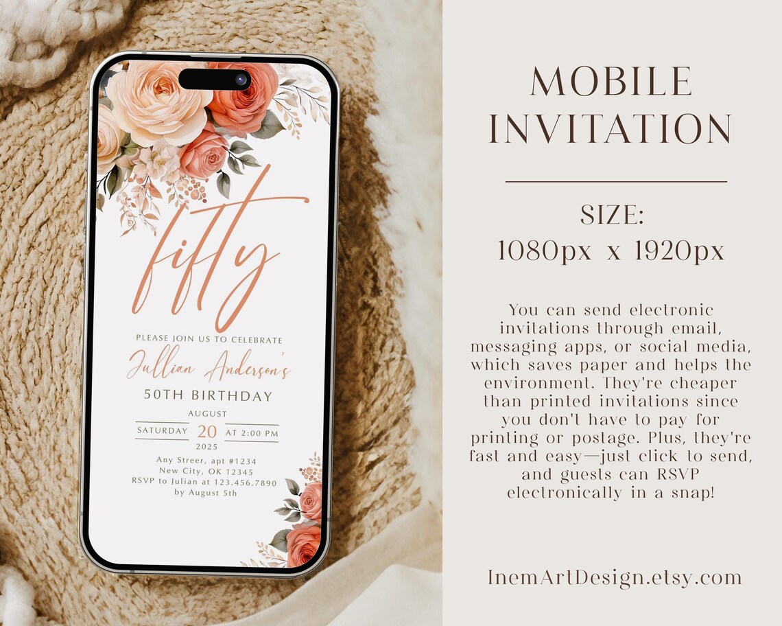Floral 50th Birthday Invitation: Editable Canva Template (digital File ...