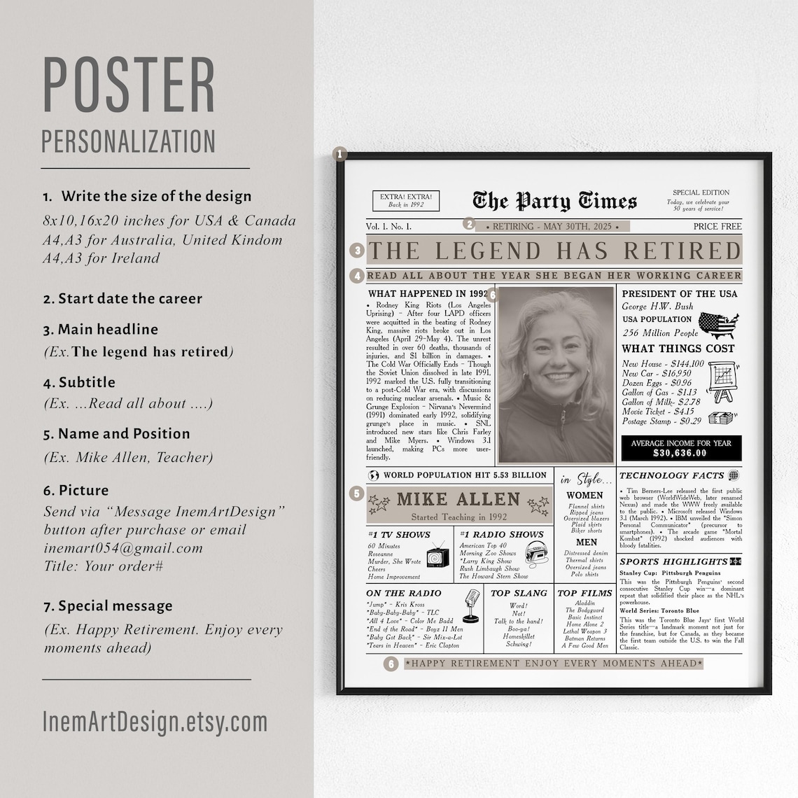 Retirement Newspaper Poster: Personalized Career Highlights (digital ...