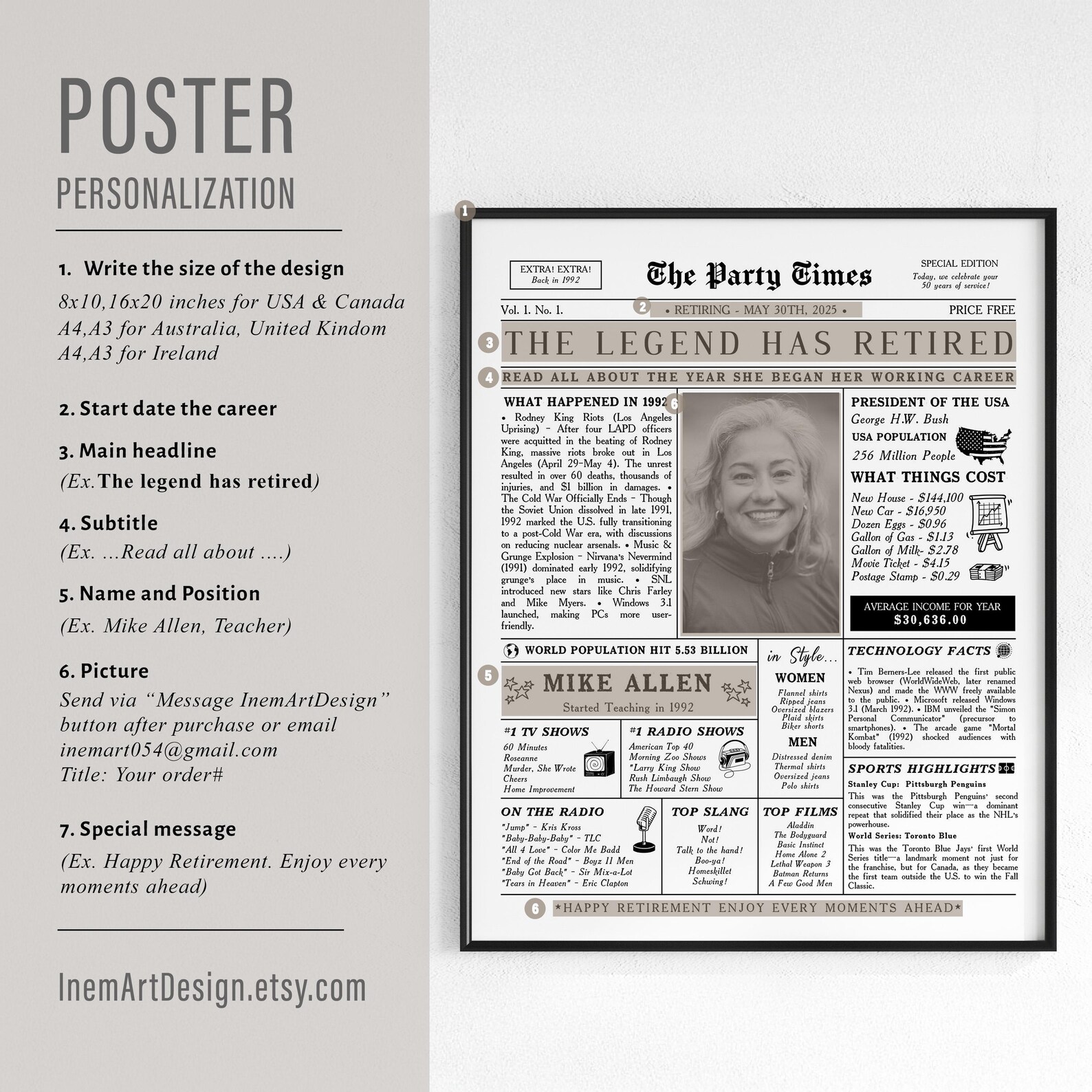 Retirement Newspaper Poster: Personalized Career Highlights (digital ...