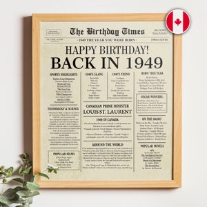 Back in 1949 CANADA 75th Birthday Newspaper Sign Canadian 1949 Birthday ...