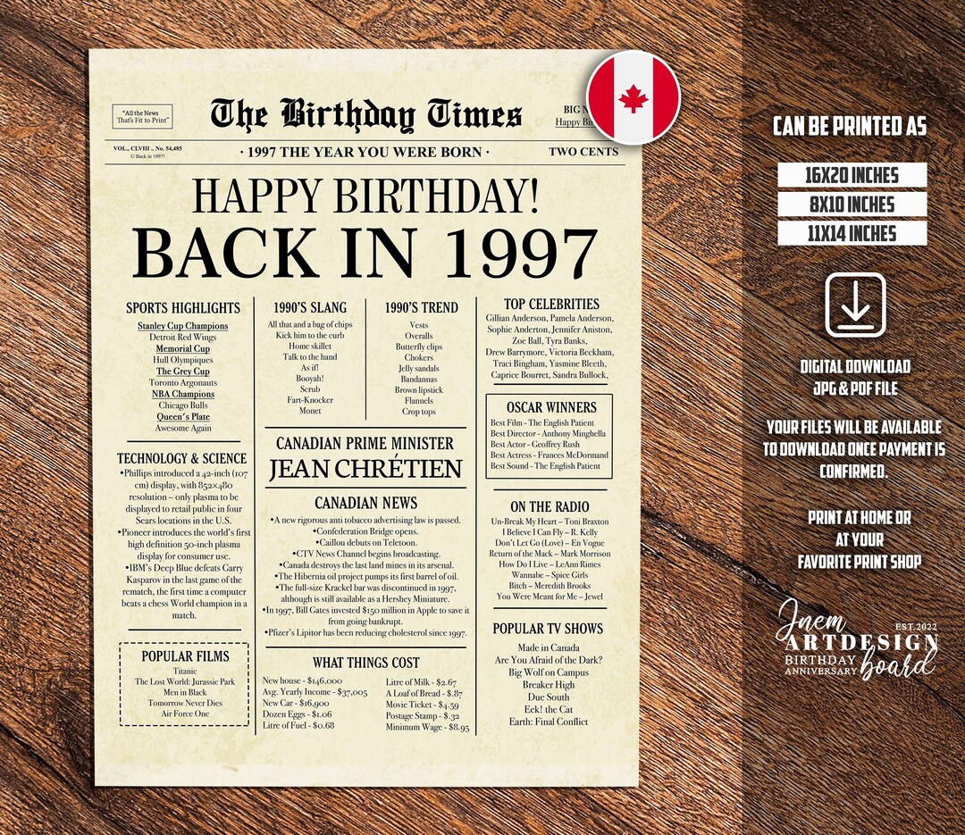 Back in 1997 CANADA 26th Birthday Newspaper Sign Canadian 1997 Birthday ...