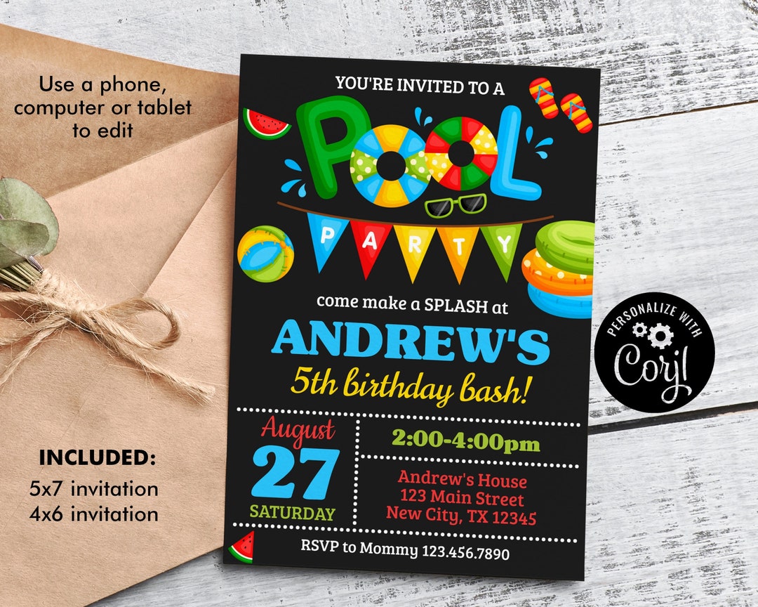 Pool Party Birthday Invitation Boy, Pool Party Invitation Instant ...