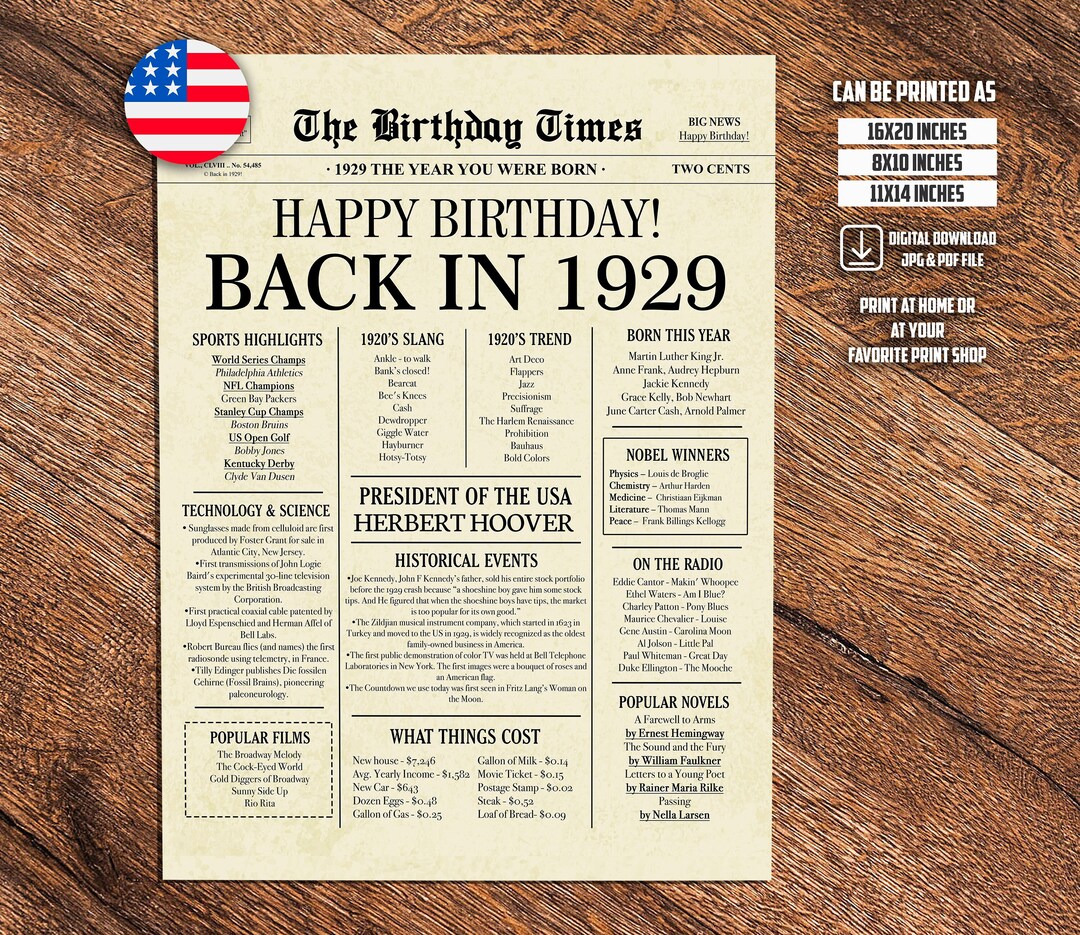 1929 Poster 94th Birthday Newspaper Sign 1929 Birthday - Etsy