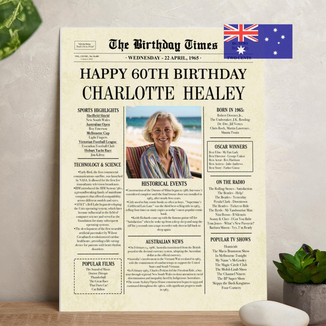 Australian 60th Birthday Newspaper Poster Gift, 1965 Personalized ...