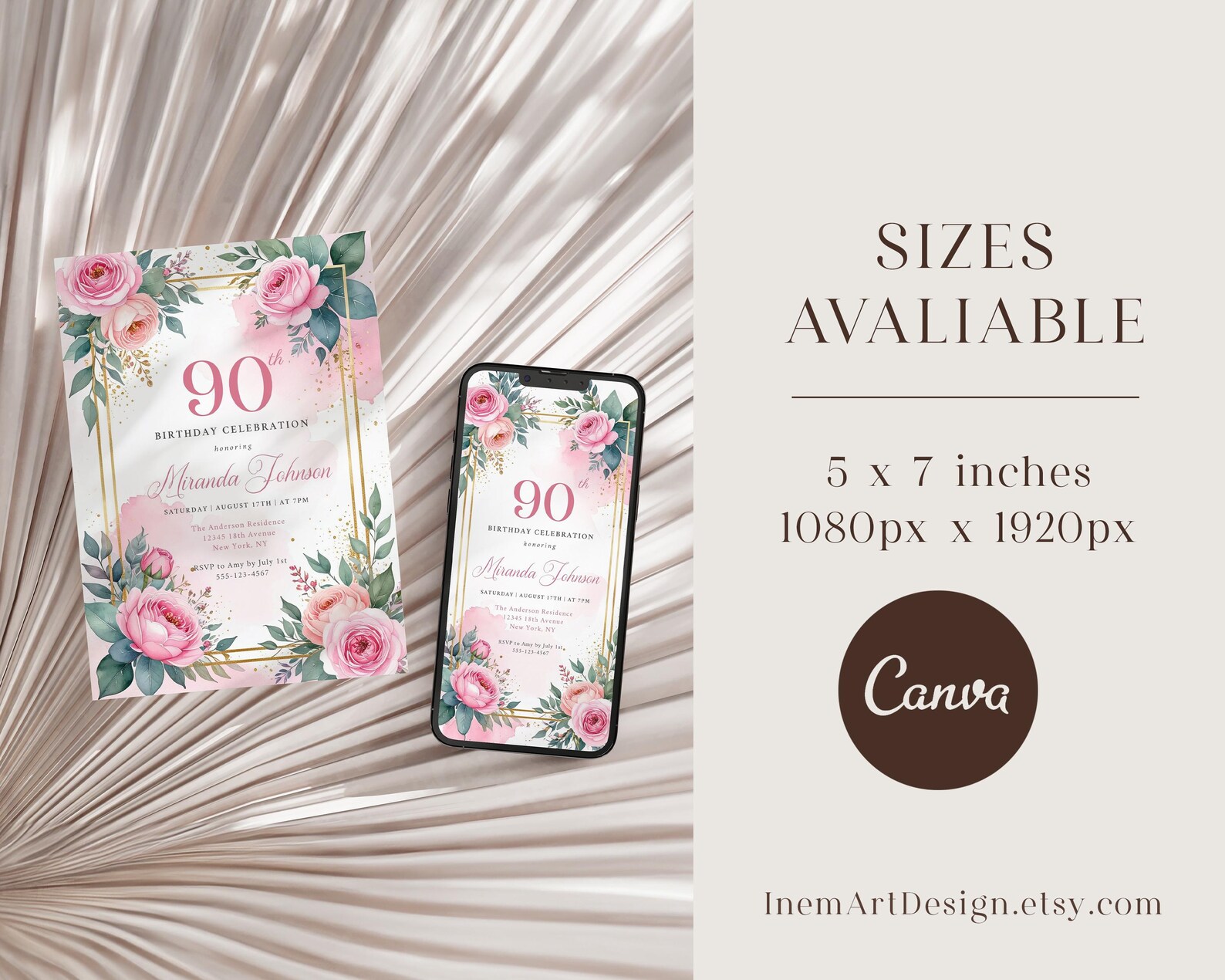 90th Birthday Invitation: Pastel Floral, Elegant Gold (canva Template ...