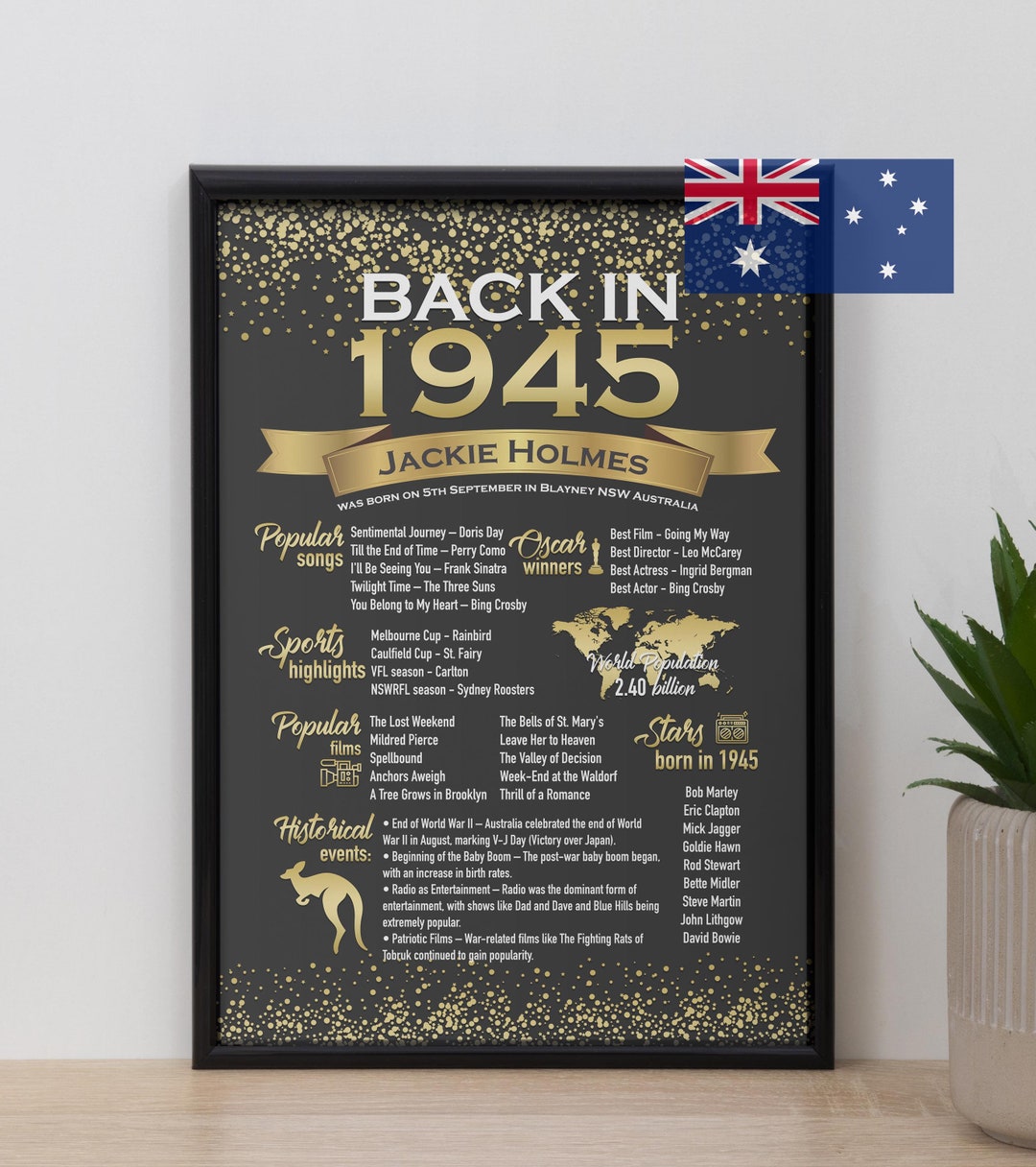 80th Birthday Poster Printable, Back in 1945 Australian Facts, 1945 Birthday Sign Rose Gold ...