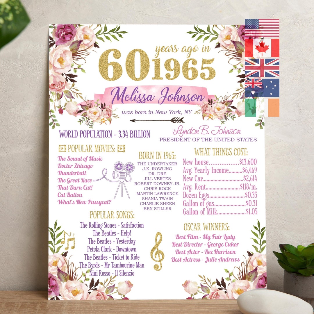 1965 60th Birthday Poster, 60th Floral Birthday, Back in 1965, 60th ...