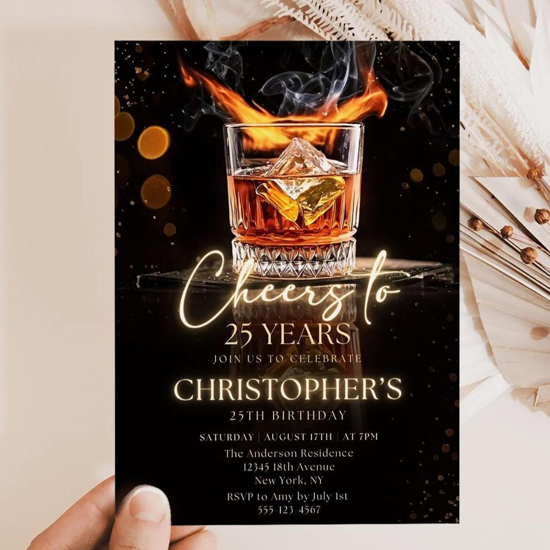 Whiskey Birthday Invitation, Cheers to 25 Years, Editable Canva Invite ...