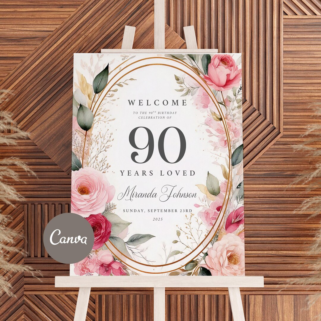 90th Birthday Welcome Sign: Blush Pink & Gold Floral, Elegant Party ...