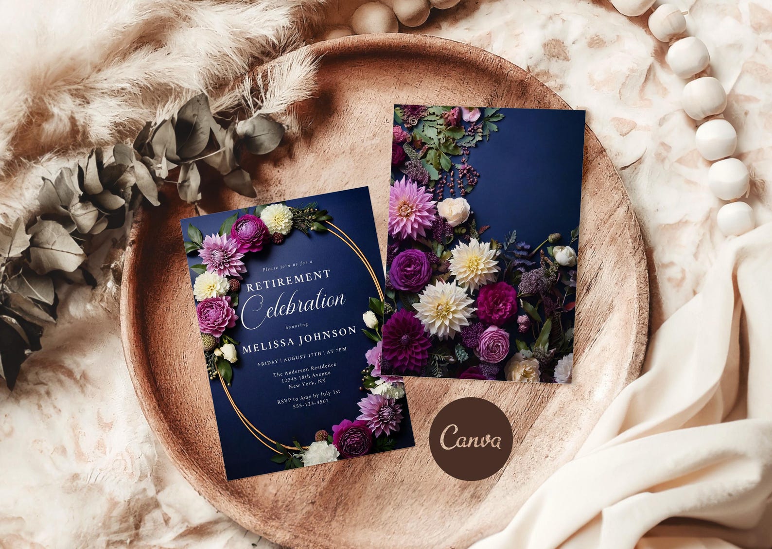Floral Retirement Invitation Template: Navy, Gold, and Purple (digital ...