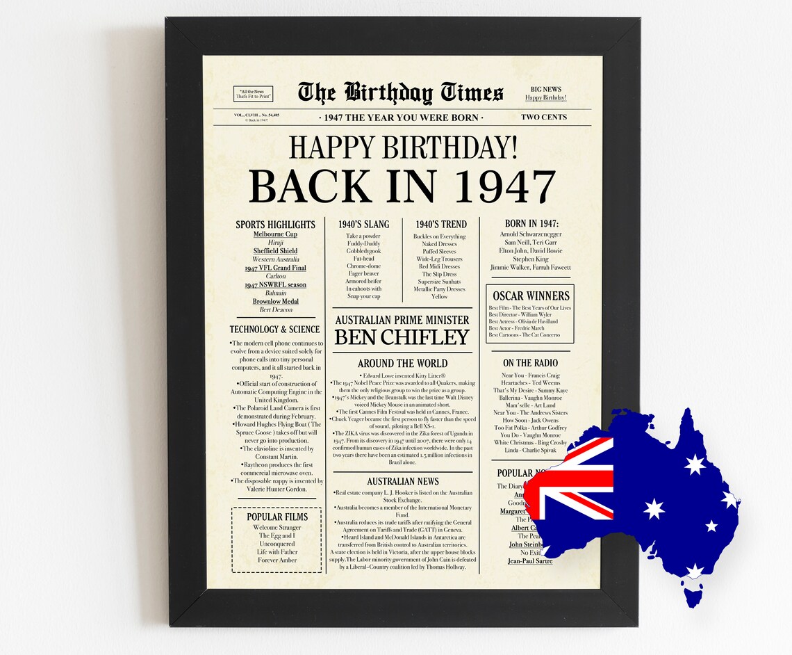 1947 Poster 75th Birthday Newspaper Sign 1947 Birthday - Etsy