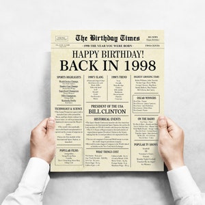 1998 Poster 25th Birthday Newspaper Sign 1998 Birthday - Etsy