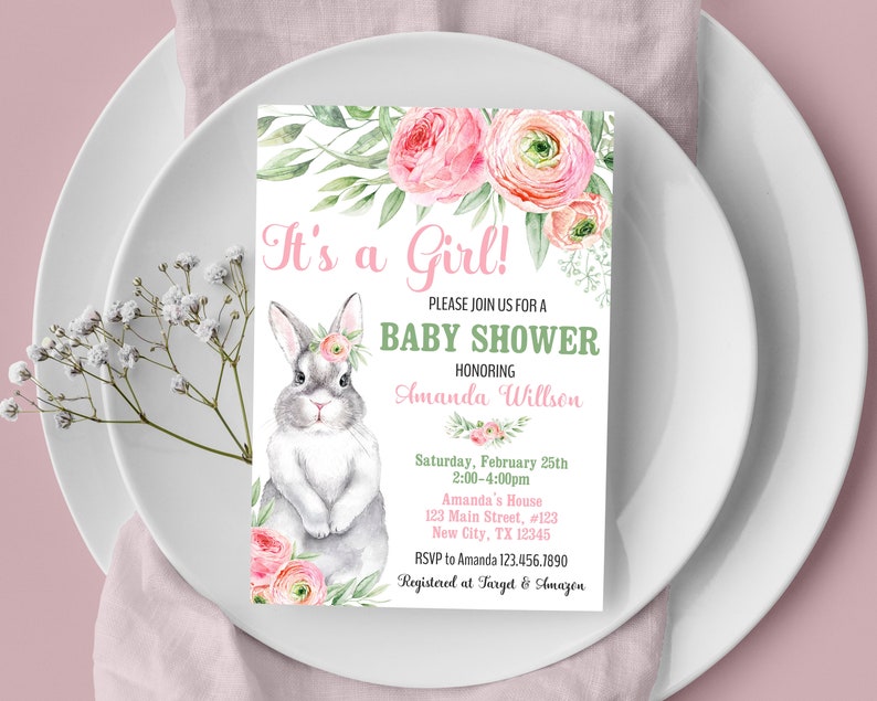 Bunny Baby Shower Invitation Girl Baby Shower Invitation A - Etsy