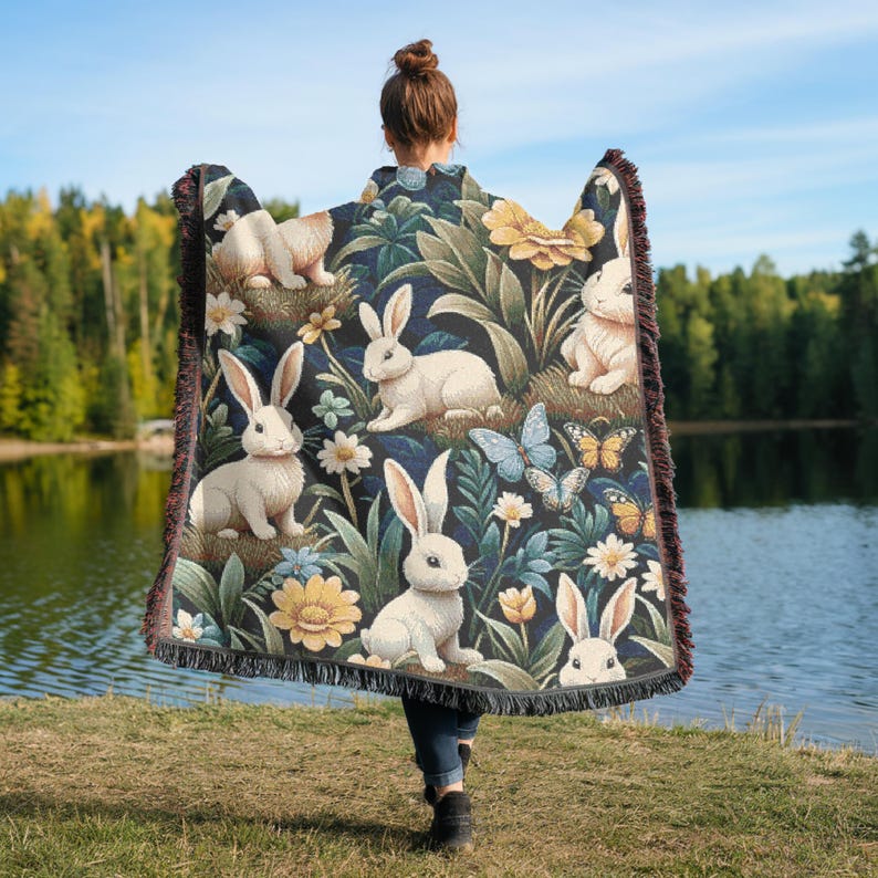 Forest Flora and Fauna Woven Blanket Nature Wildlife Rabbit Mushrooms ...