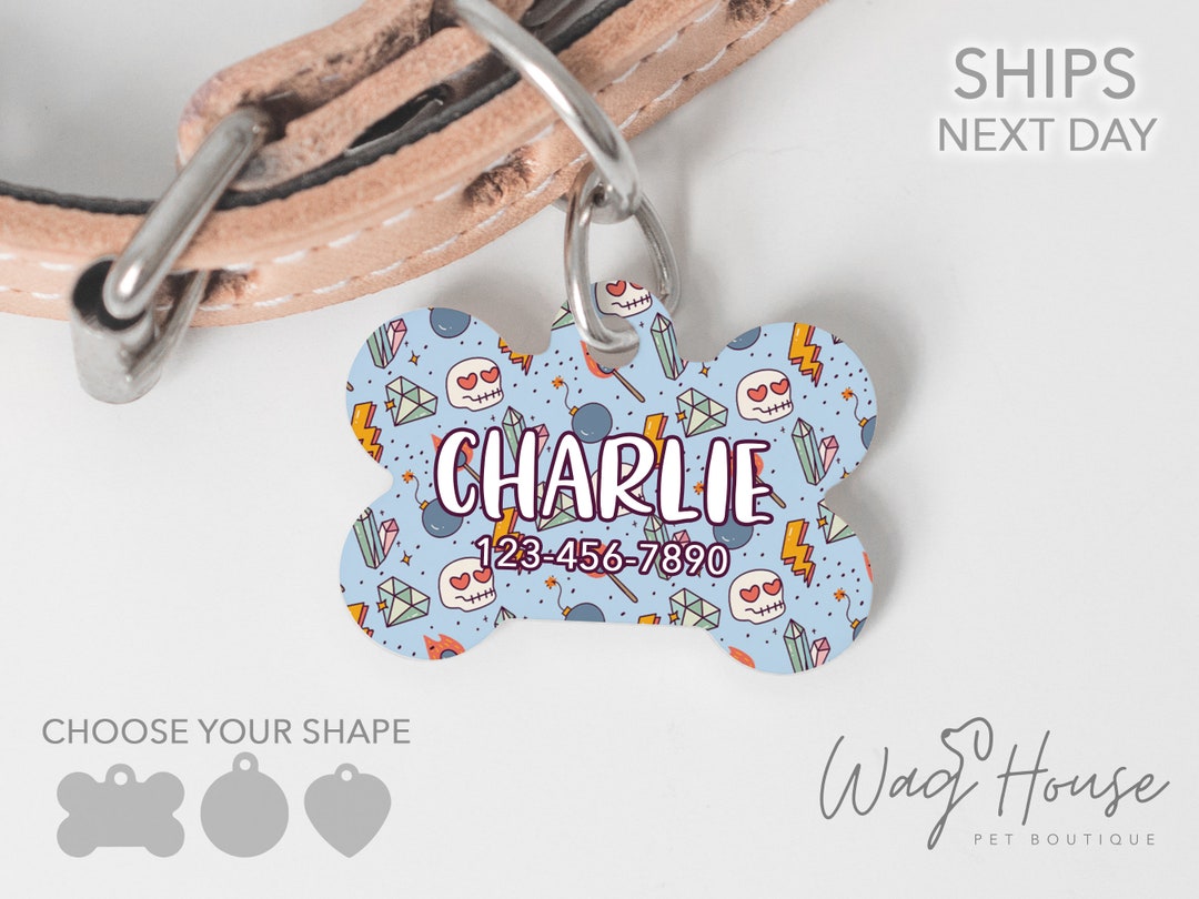 Candy Skulls Dog Tag , Lightning Bolt Pet Tag, Bomb Dog Tag, Bone ...