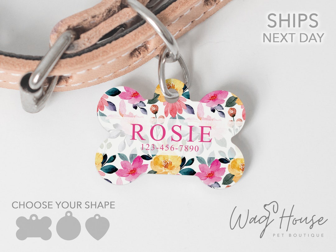 Watercolor Floral Pet ID Tag, Double Sided Dog, Botanical Pet Tag ...