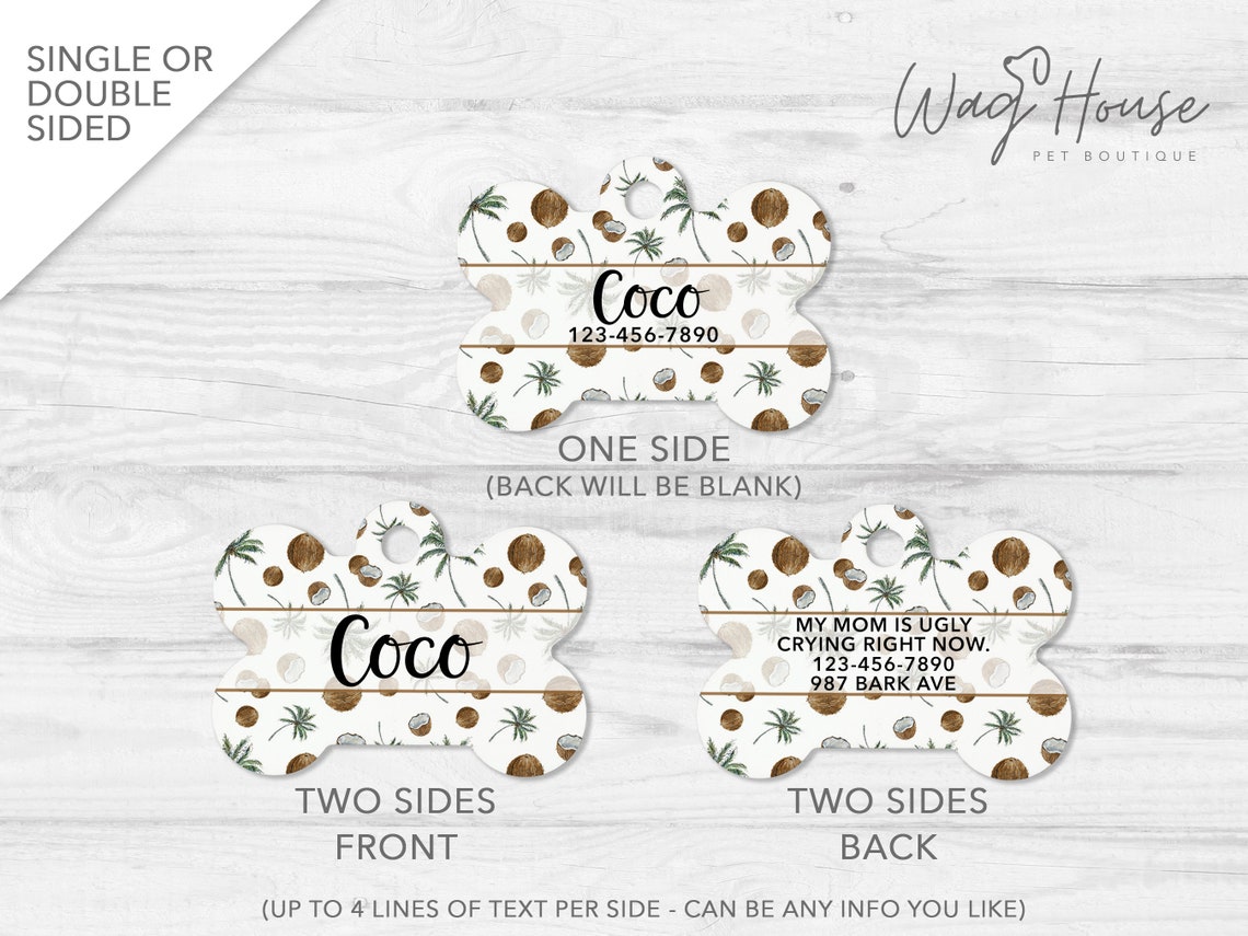 Coconut Print Dog Tag, Summer ID Tag, Beach Dog Tag Double Sided ...