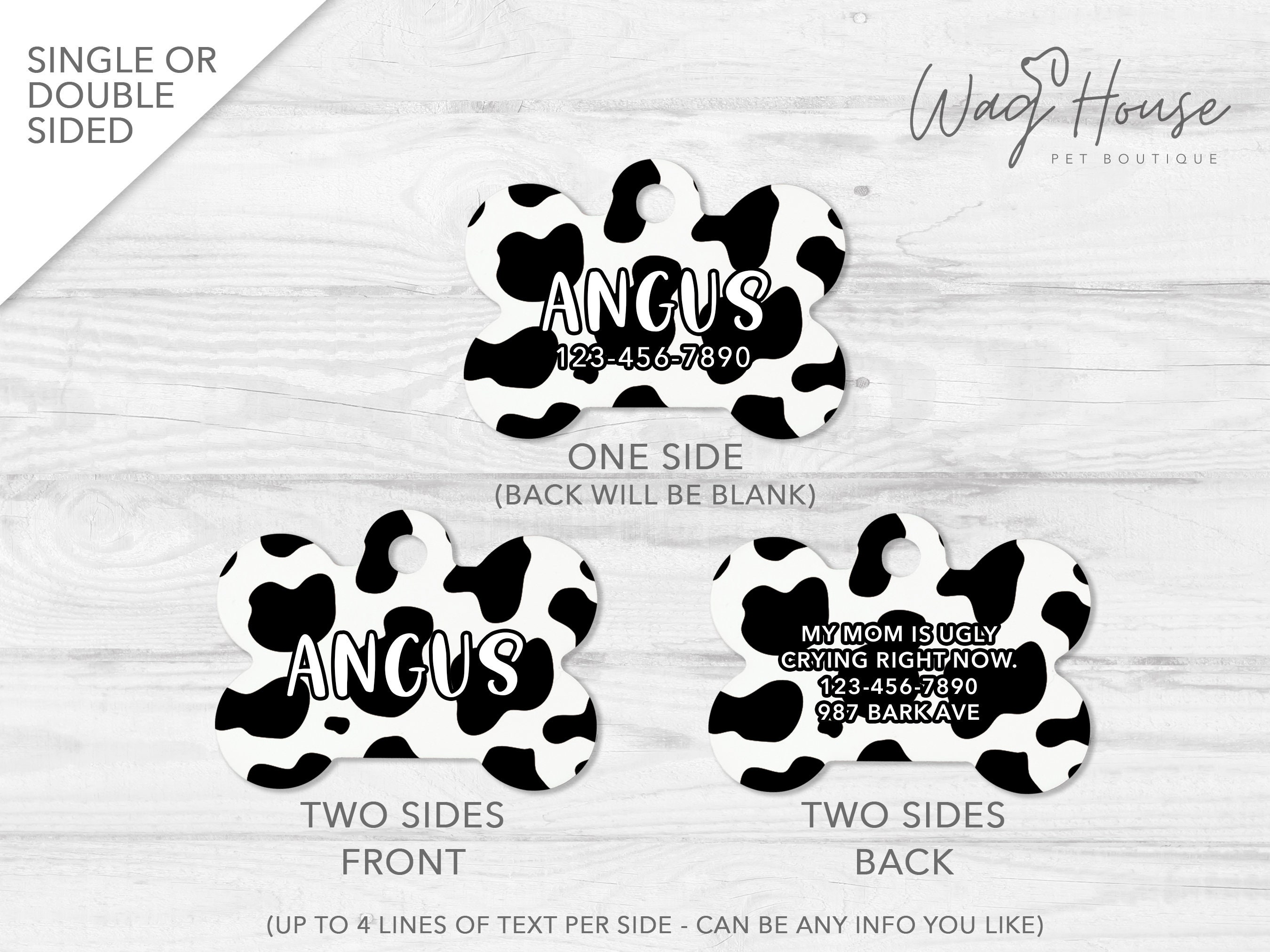 Cow Print Dog Tag Animal ID Tag Farm Dog Tag Double Sided | Etsy