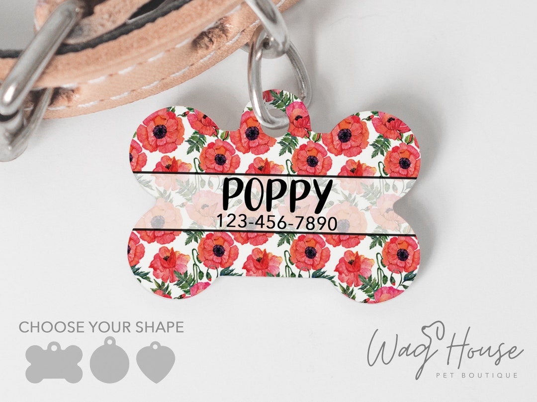 Poppy Flower Dog Tag, Floral ID Tag, Summer Dog Tag Double Sided, Poppy ...