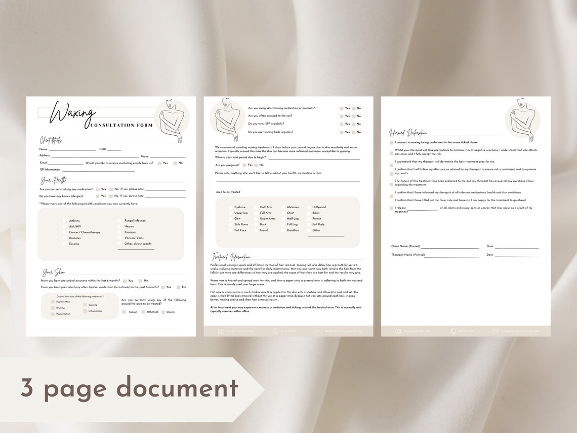 Waxing Consultation Form, Waxing Consent Form, Esthetician Forms ...