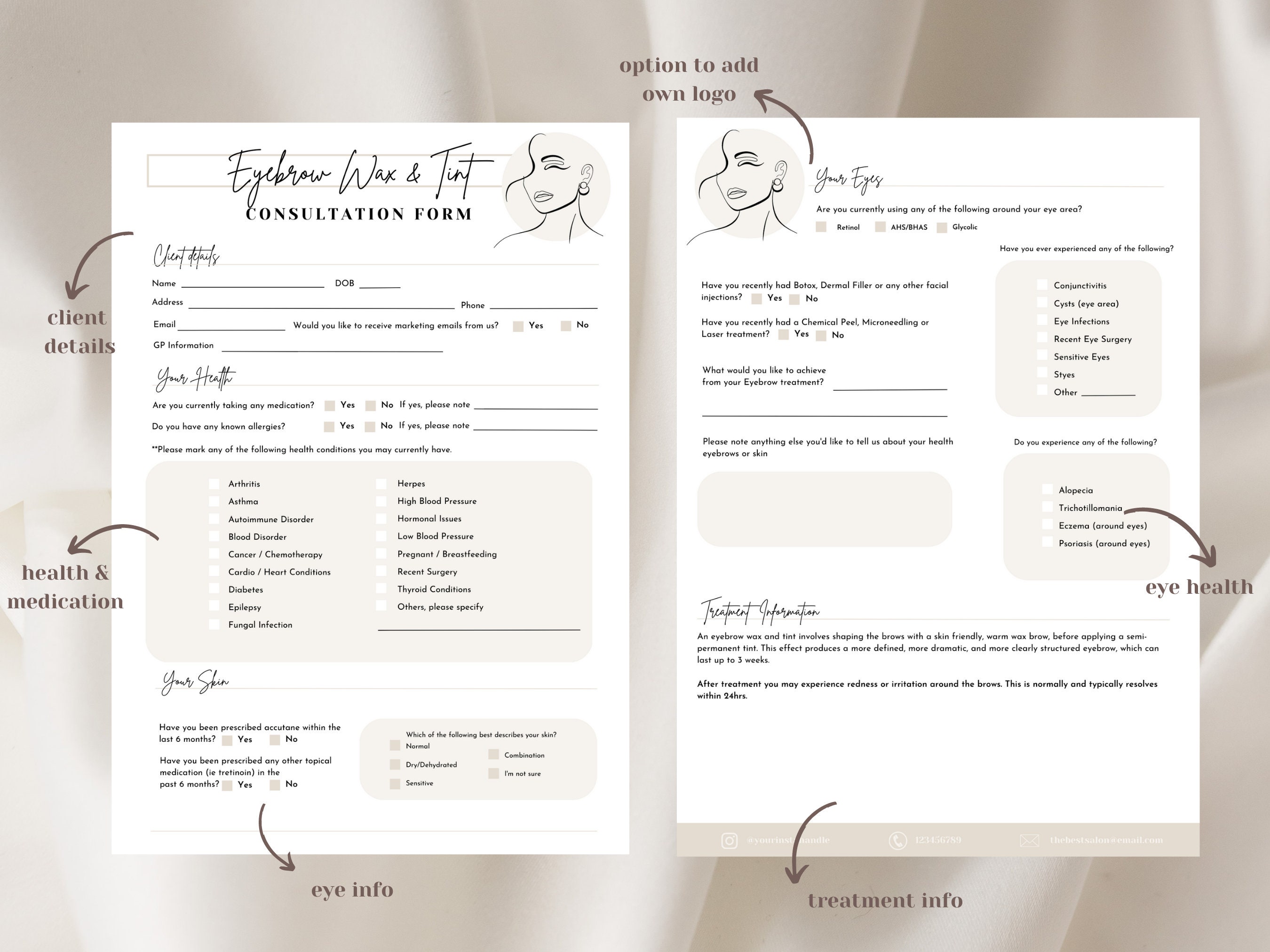 Eyebrow Wax & Tint Consent Forms, Brow Consultation, Brow Artist Forms ...