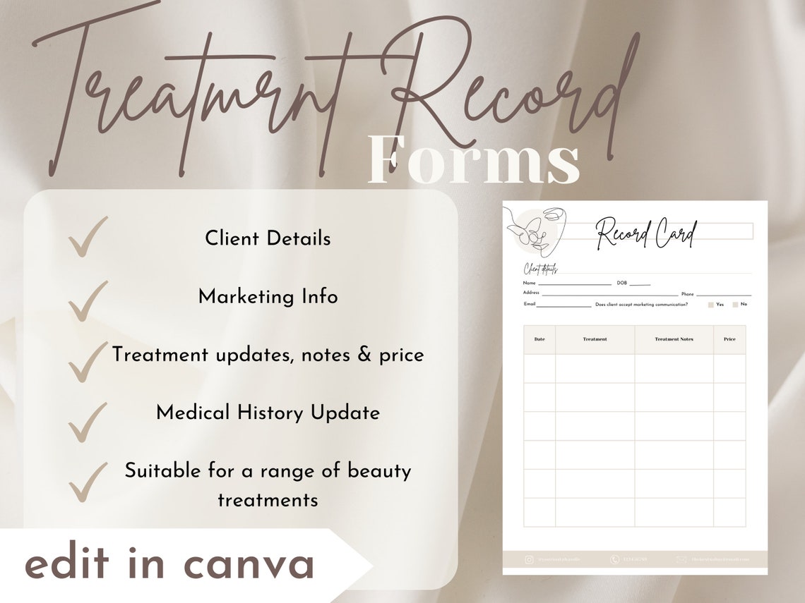 Treatment Record Card, Beauty Record Card, Client Record Cards, Beauty ...