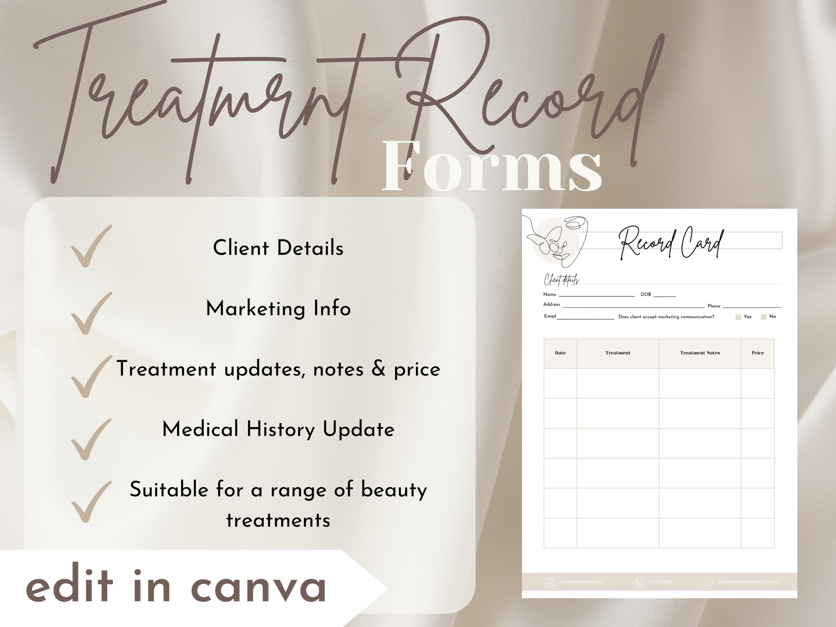 Treatment Record Card, Beauty Record Card, Client Record Cards, Beauty ...