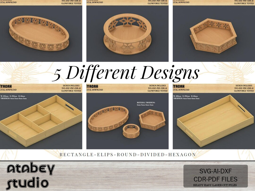 Serving Tray SVG Bundle, Laser Cut Files for Glowforge, 4 Decorative ...