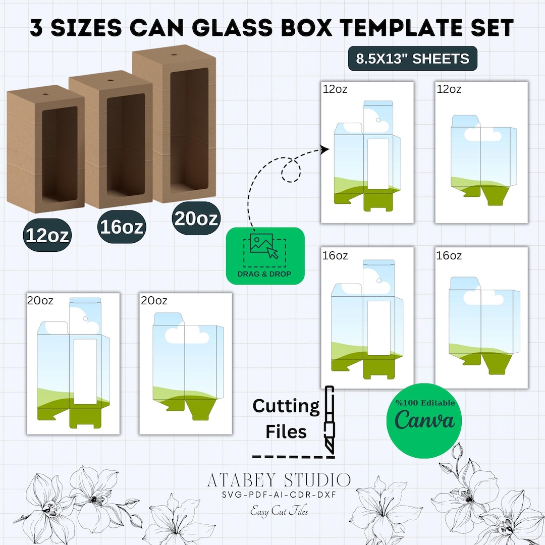 Editable Can Glass Box Template Set 12oz 16oz 20oz 8.5x13 Cut Files Svg ...