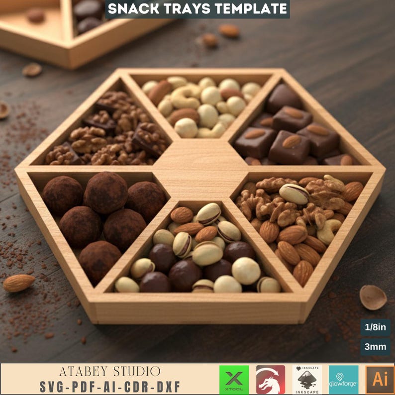 Hexagon Snack Tray SVG Laser Cut File, Sectional Food Platter , Candy ...