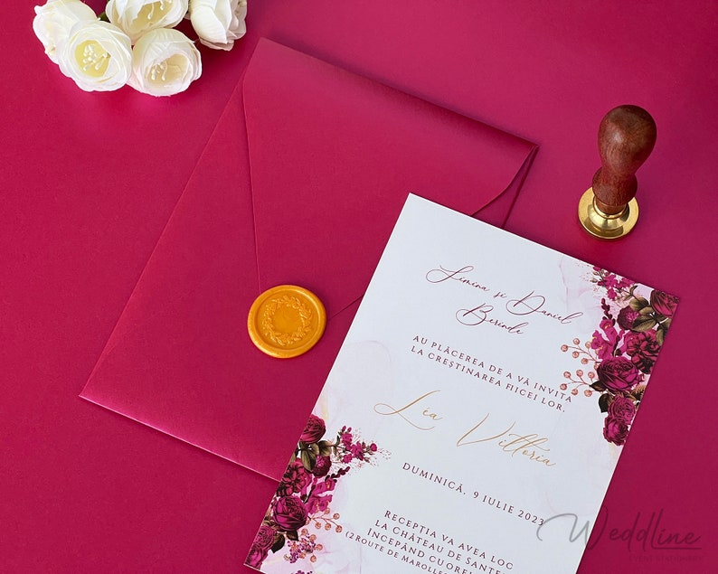Fuchsia Wedding Invitation With Floral Design, Fuchsia Envelope With ...
