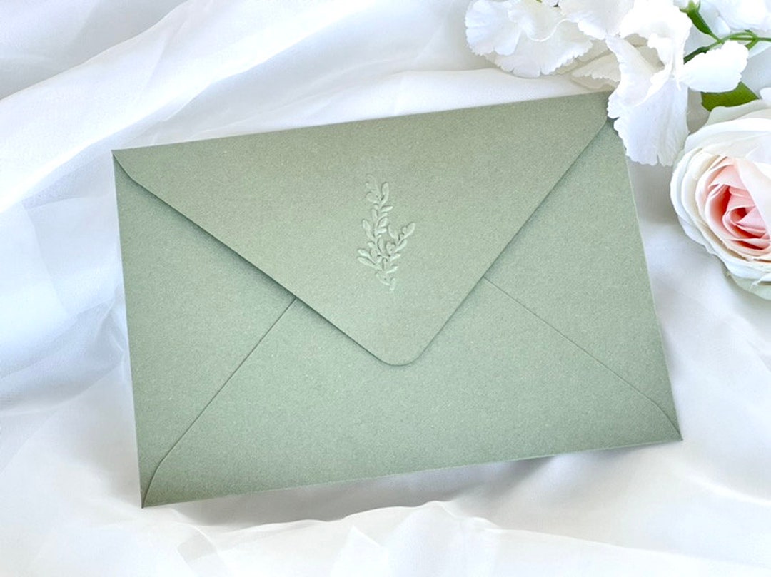 Olive Green Envelopes With Embossed Frame, Sage Green Envelopes, Buste Partecipationi Matrimonio ...