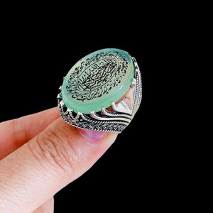 Hand Engraved Holy Quran Green Yemeni Akik 925 Silver Islamic Men Ring ...