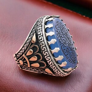 ARBIC ISLAMIC Natural Blue Agate 925 Silver Quranic Protection Ring ...