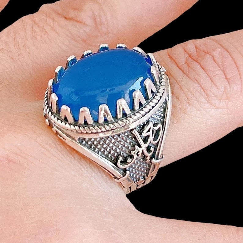 Blue Agate Stone 925 Sterling Silver Ring - Islamic Shia Design - Etsy