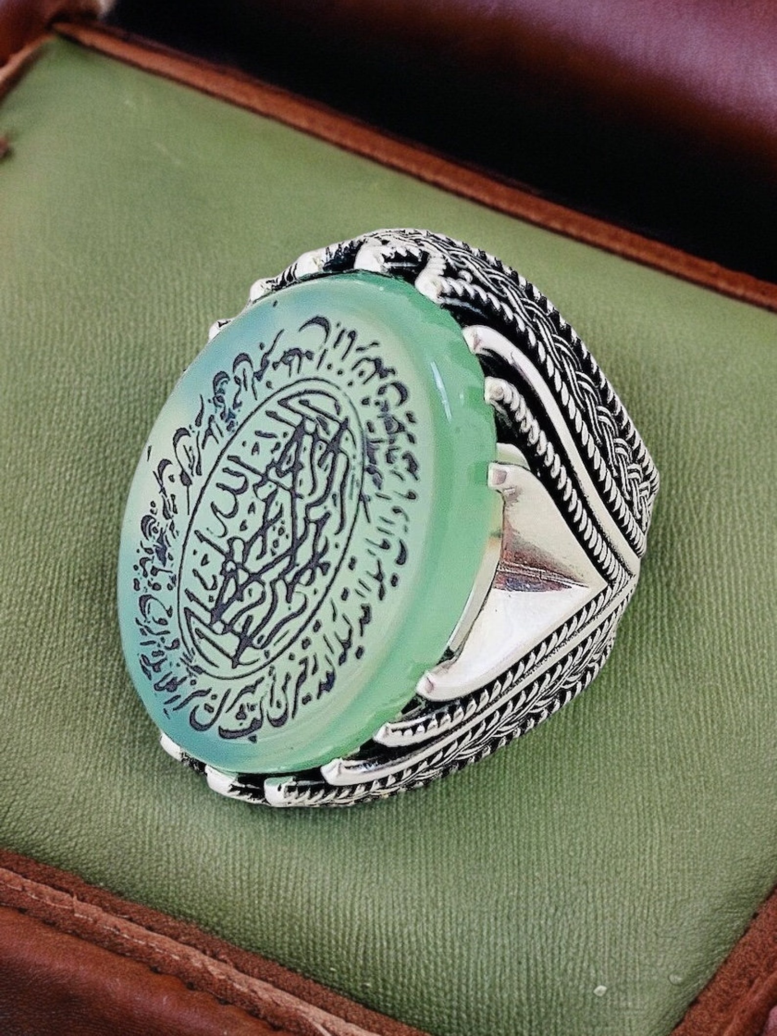 Hand Engraved Holy Quran Green Yemeni Akik 925 Silver Islamic Men Ring ...