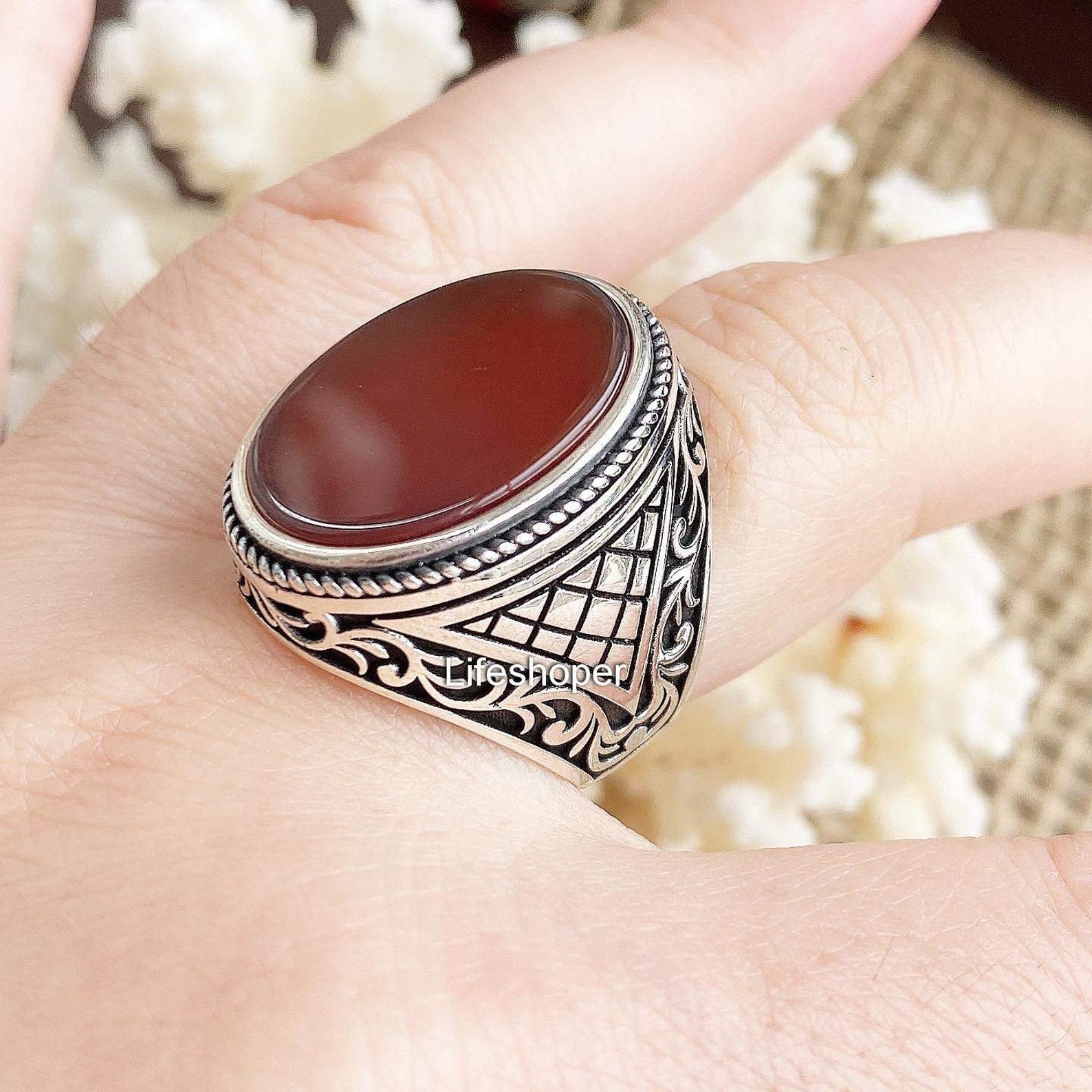 Red Agate Ring Silver Aqeeq Ring Men Sterling Silver - Etsy