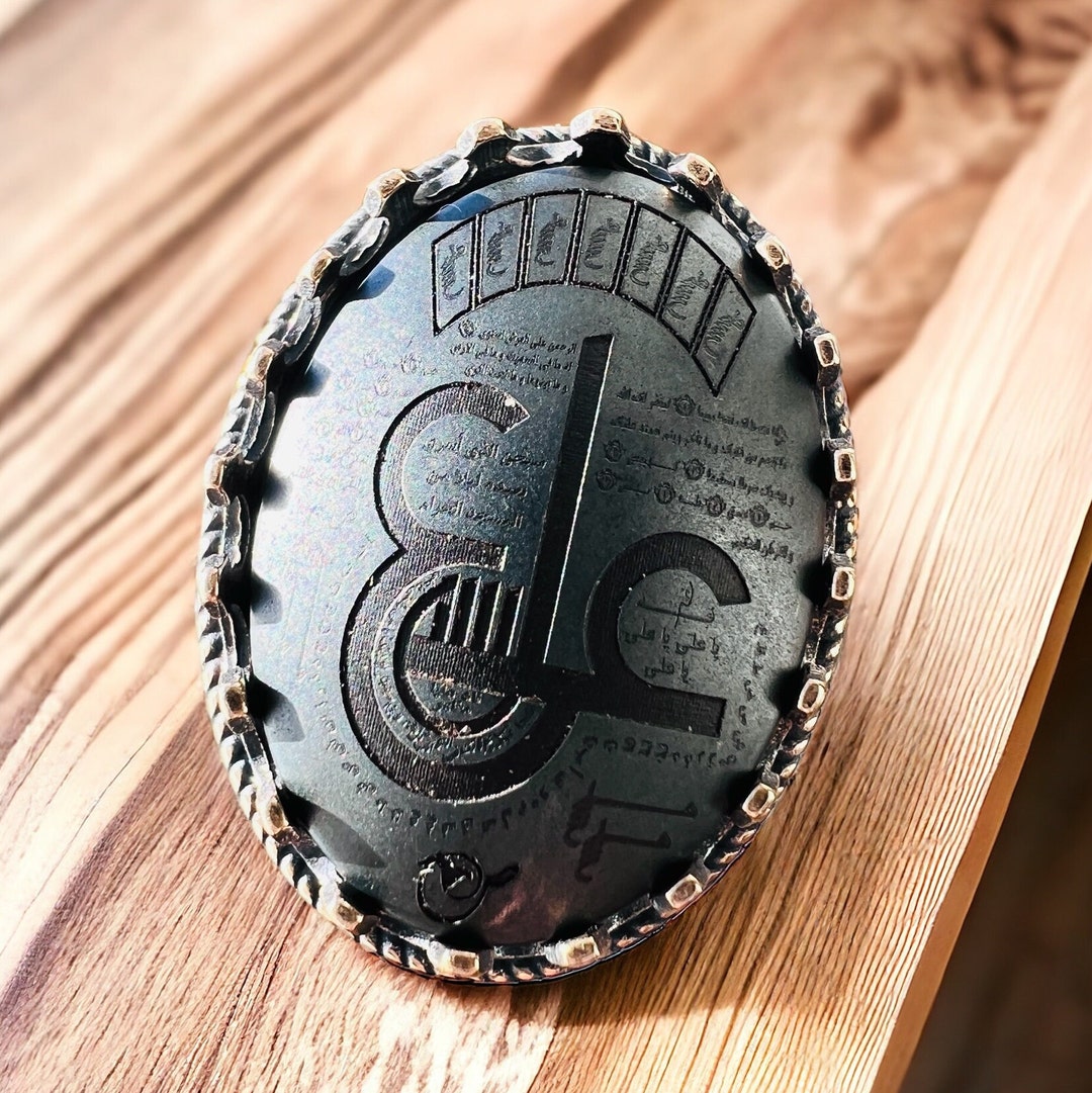 925 Silver Ring Ein Ali Yellow Hadid Dini Islamic Carving Oval Shia ...