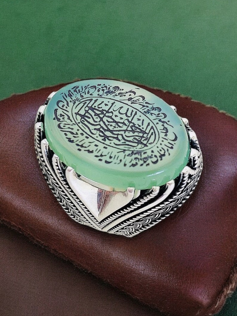 Hand Engraved Holy Quran Green Yemeni Akik 925 Silver Islamic Men Ring ...