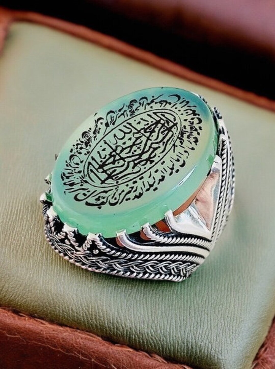 Hand Engraved Holy Quran Green Yemeni Akik 925 Silver Islamic Men Ring ...