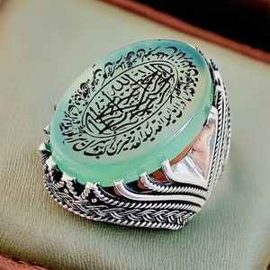 Hand Engraved Holy Quran Green Yemeni Akik 925 Silver Islamic Men Ring ...