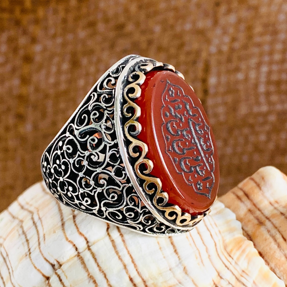 Hand Engraved Holy Quran Shia Hz Ali red Yemeni Akik Ring | Etsy