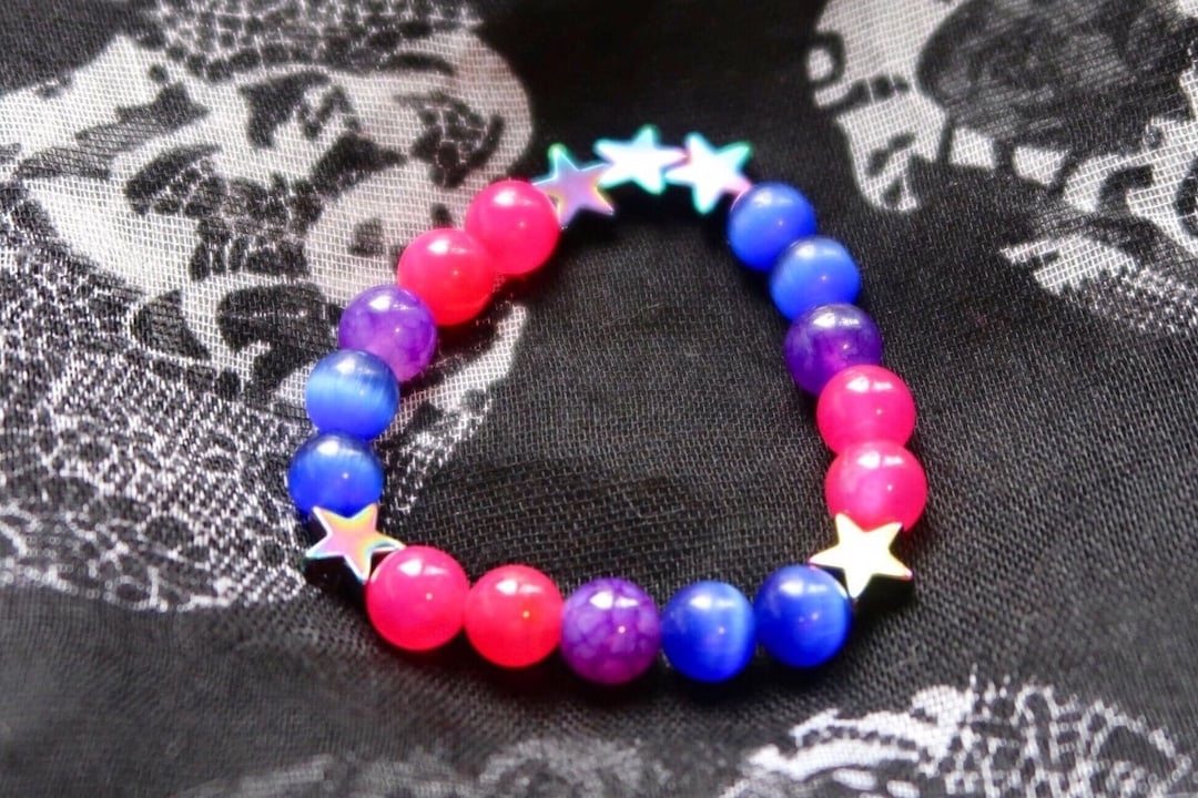 Bisexual Biromantic Pride Flag Star Beaded Gemstone Bracelet, Stretchy ...