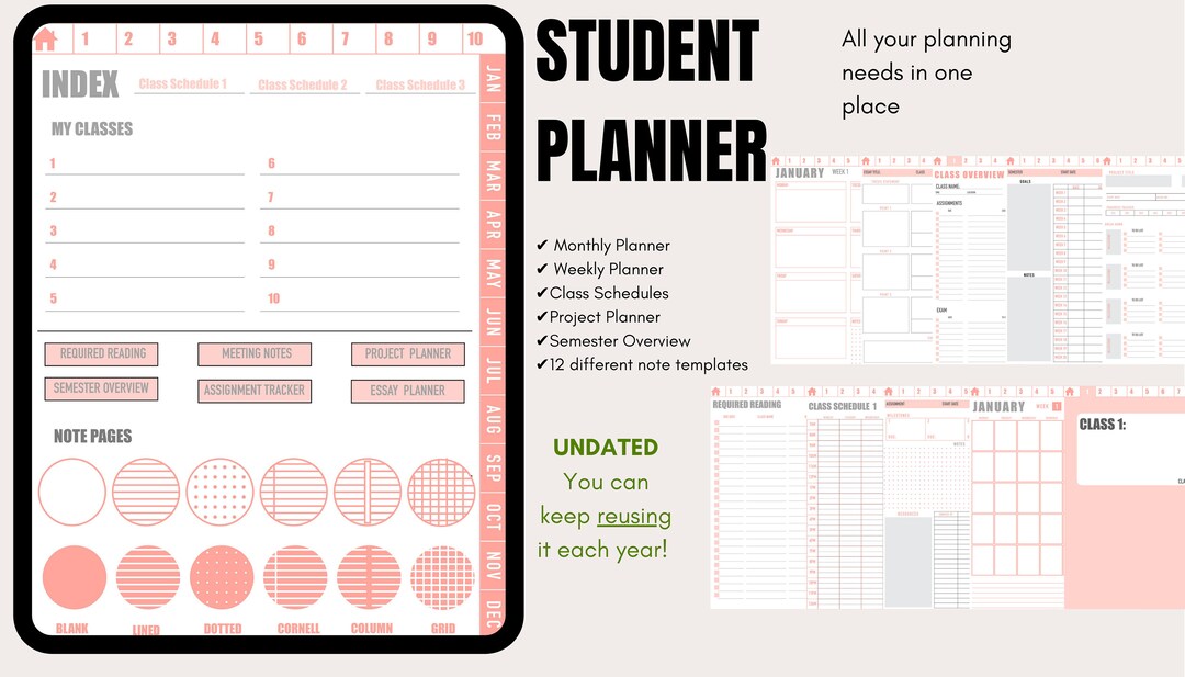 Pink Student Planner Digital Planner for College School, Digital ...